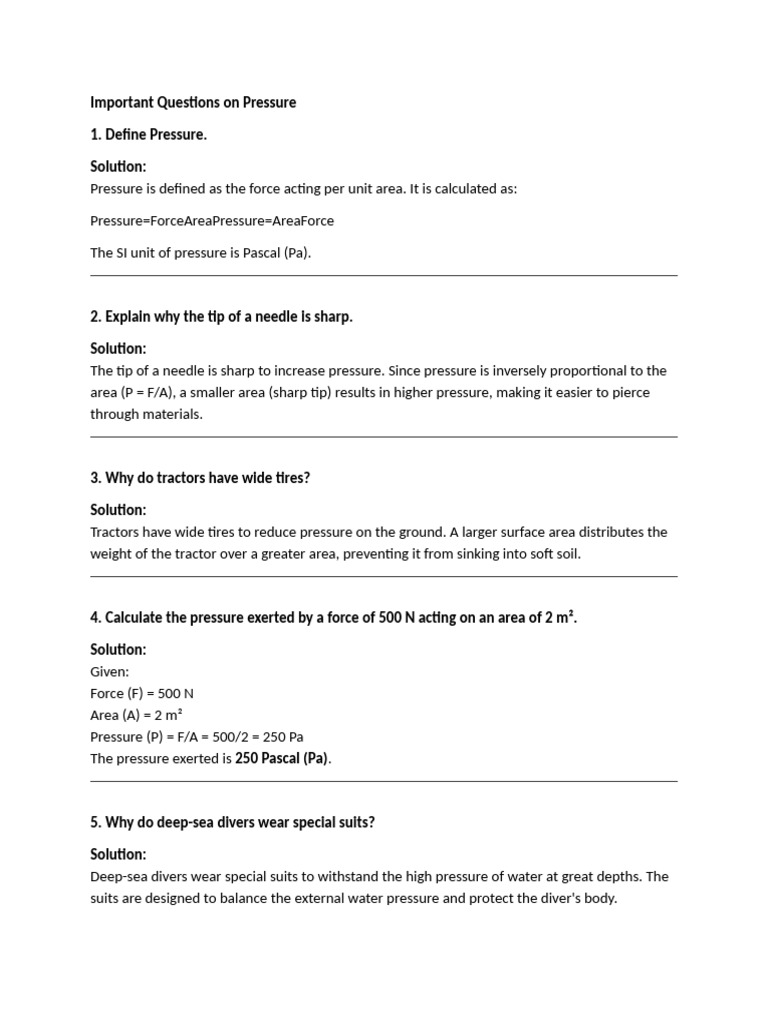 Important Questions On Pressure | PDF | Pressure | Force