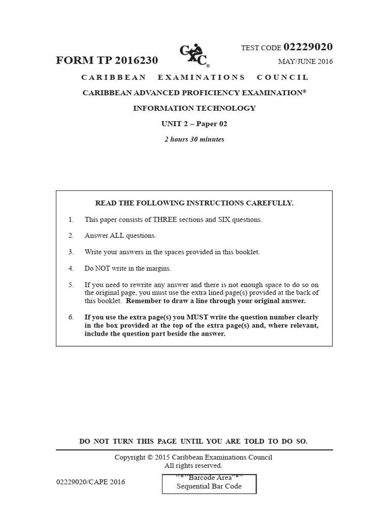CAPE IT Unit 2 Exam Paper 2016 | PDF | Barcode | Information Technology