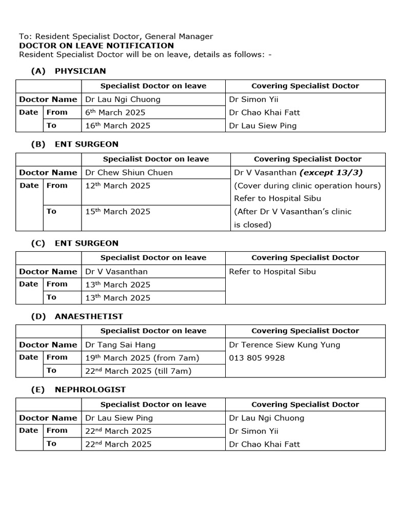Doctor Leave Schedule Notification | PDF | Medicine | Health Care