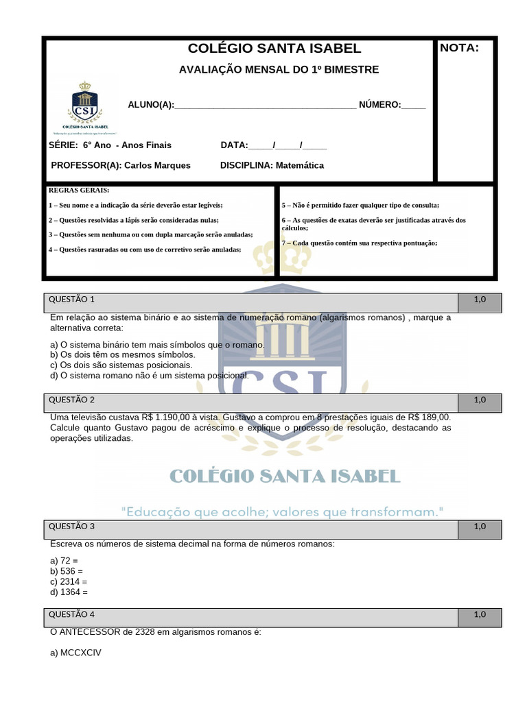 6º Ano - Prova Mensal 1o Bim -Mat | PDF | Matemática | Aritmética