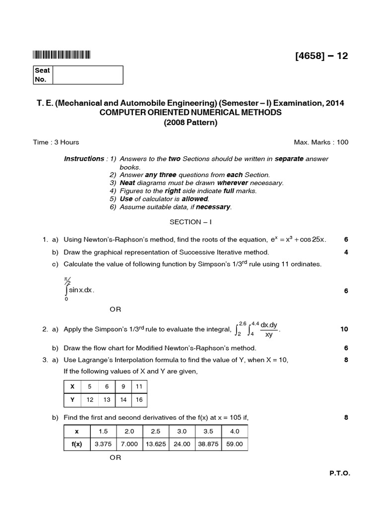 T. E. (Mechanical and Automobile Engineering) (Semester - I) Examination, 2014 Computer Oriented ...