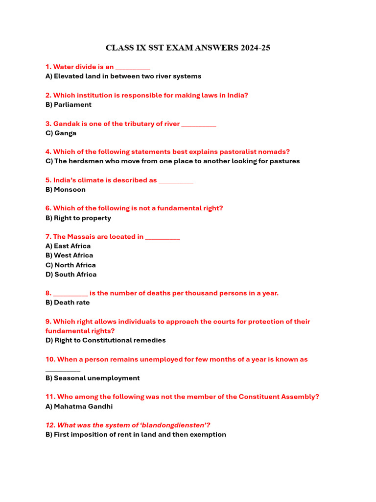 Class Ix SST Exam Answers 2024 | PDF | Economies