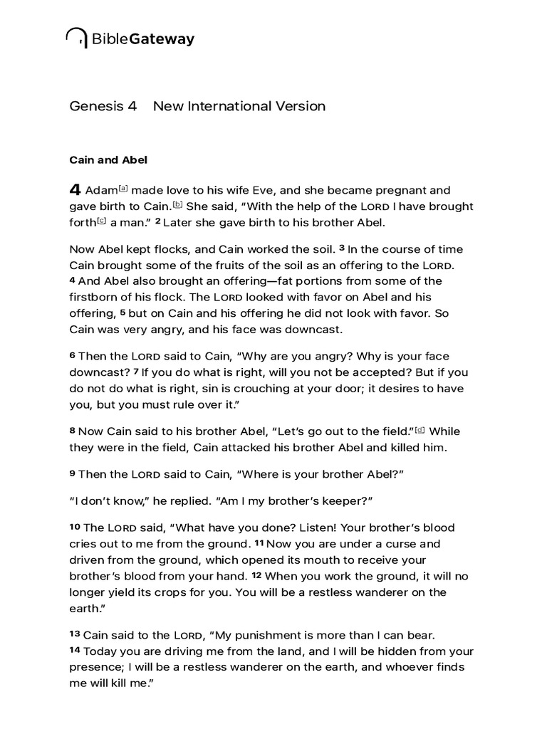 Genesis 4 NIV - Cain and Abel - Adam Made Love To His - Bible Gateway ...