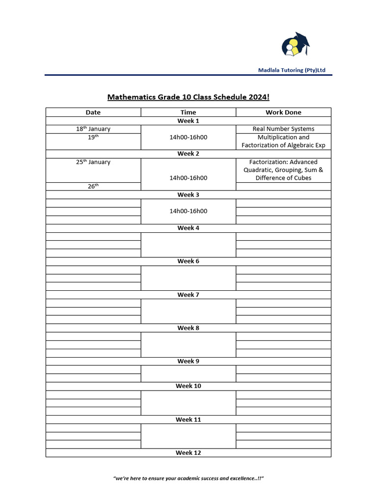 Mathematics Grade 10 Class Schedule 2024 | PDF