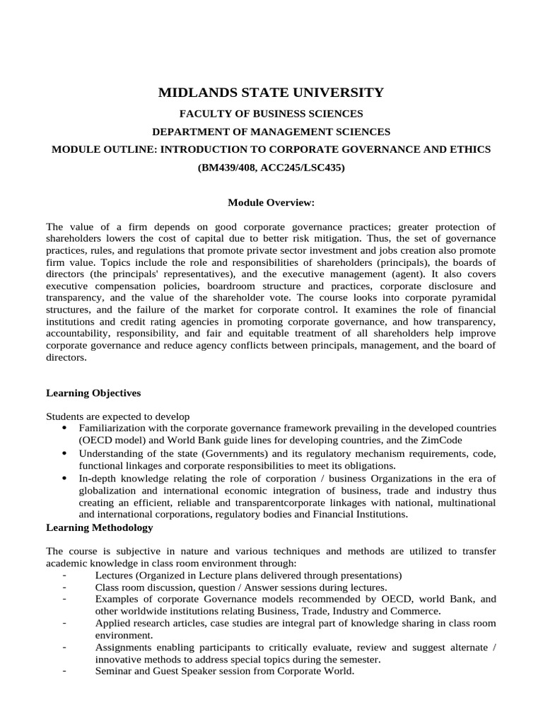 Module Outline-CORPORATE GOVERNANCE & ETHICS | PDF | Corporate ...