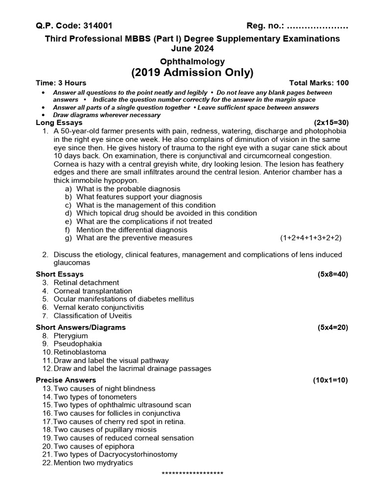 Mbbs Question Paper Final Year | PDF | Ophthalmology | Cornea
