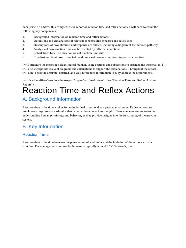Reaction Time and Reflex Actions: A. Background Information | PDF