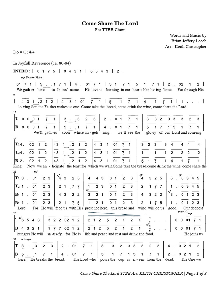 Come Share The Lord TTBB - Keith Christopher | PDF | Choral Music ...