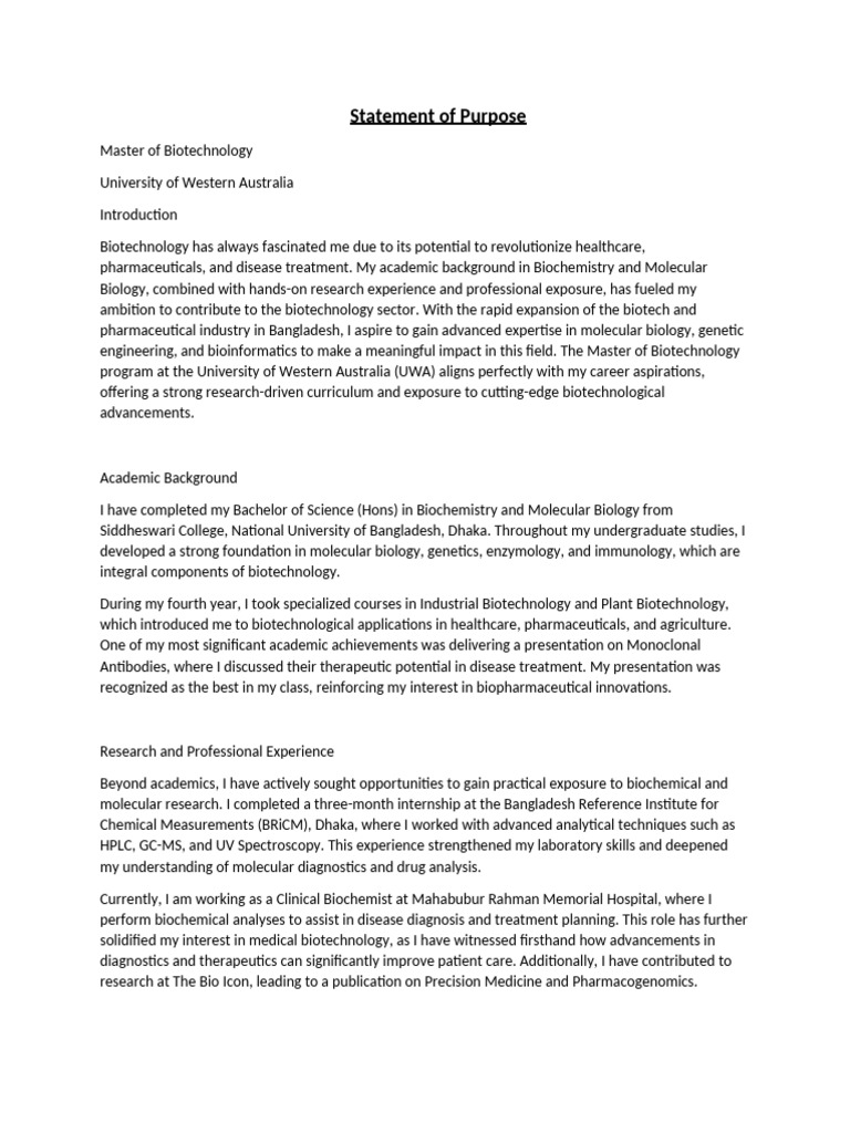 Statement of Purpose First Theme | PDF | Biotechnology | Personalized ...