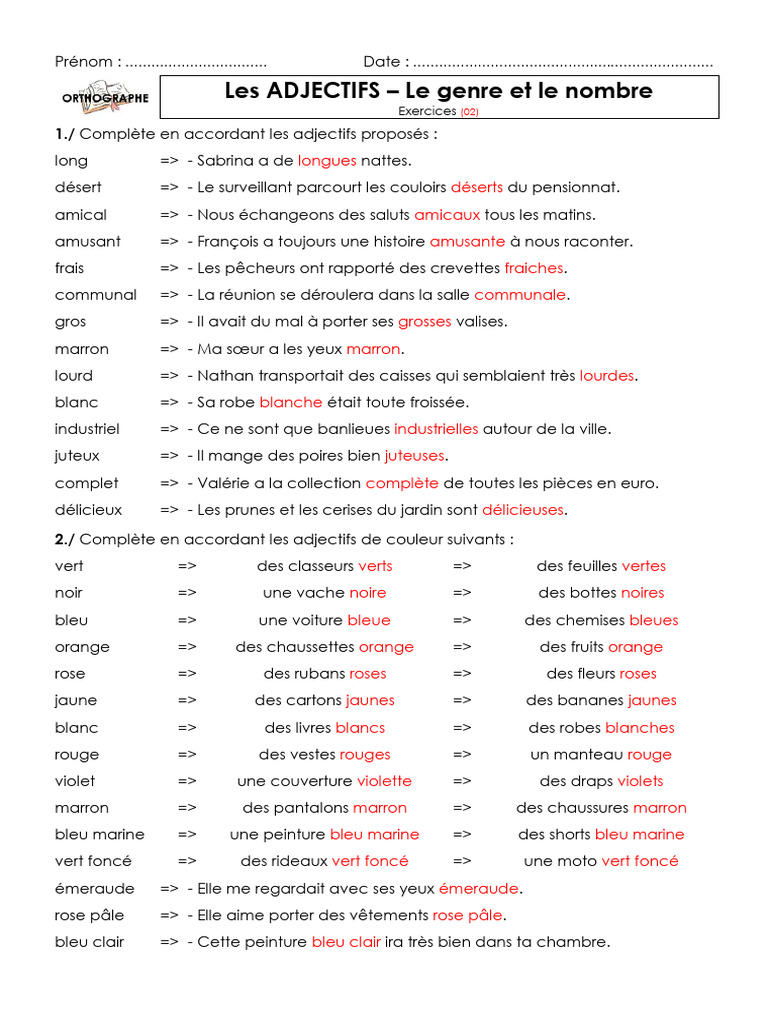 Accord des adjectifs en genre et nombre | PDF | Bleu | Vert