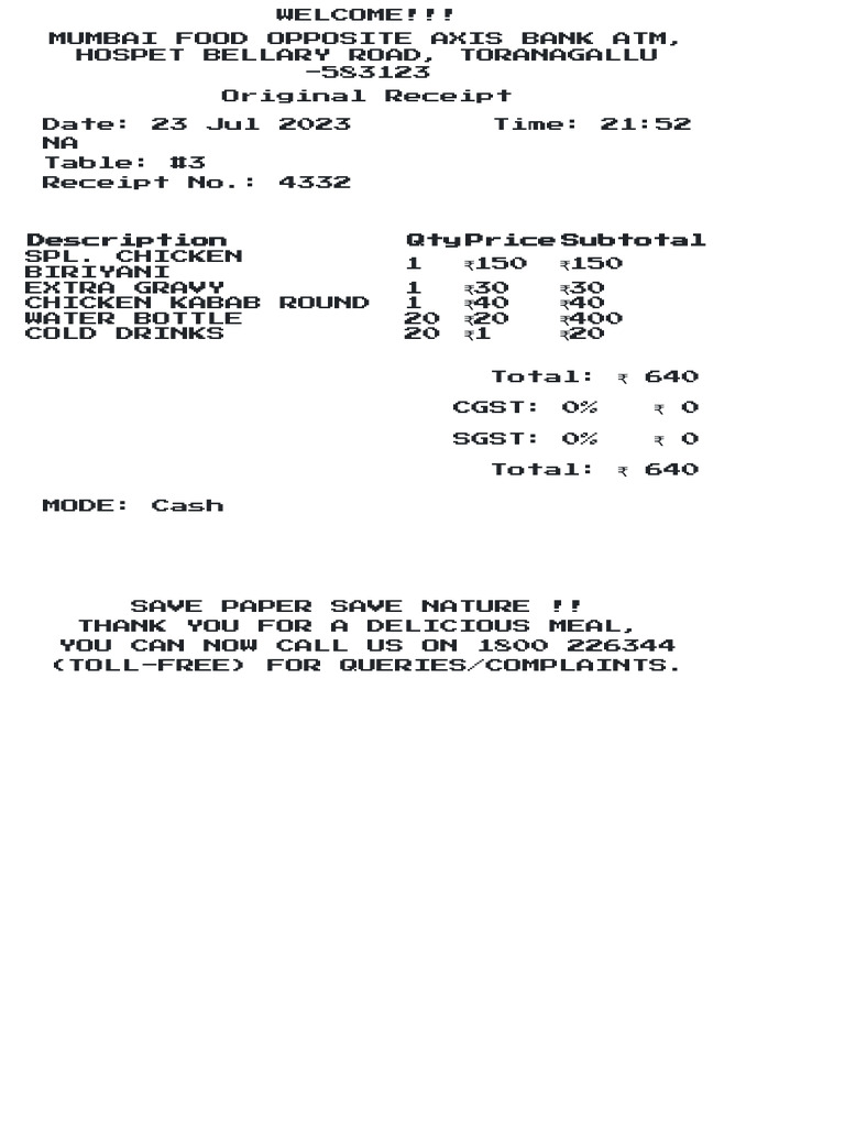 Mumbai Restaurant Bill Sample | PDF