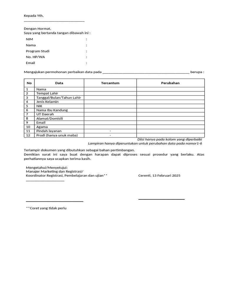 Form Permohonan Perubahan Data Mahasiswa | PDF
