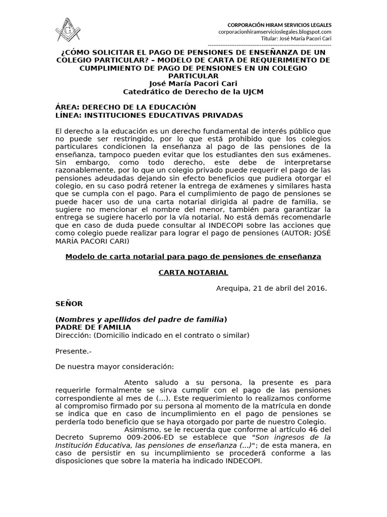 Modelo de Carta de Requerimiento de Cumplimiento de Pago de Pensiones ...