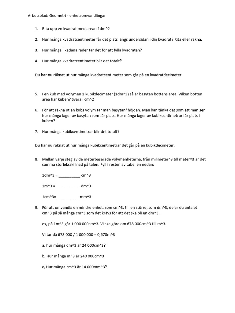 Arbetsblad Geometri Enhetsomvandlingar | PDF