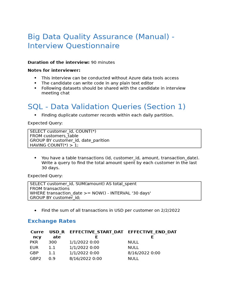 Big Data Quality Assurance (Manual) - Interview Questionnaire v1.0 1 | PDF | Data Warehouse ...
