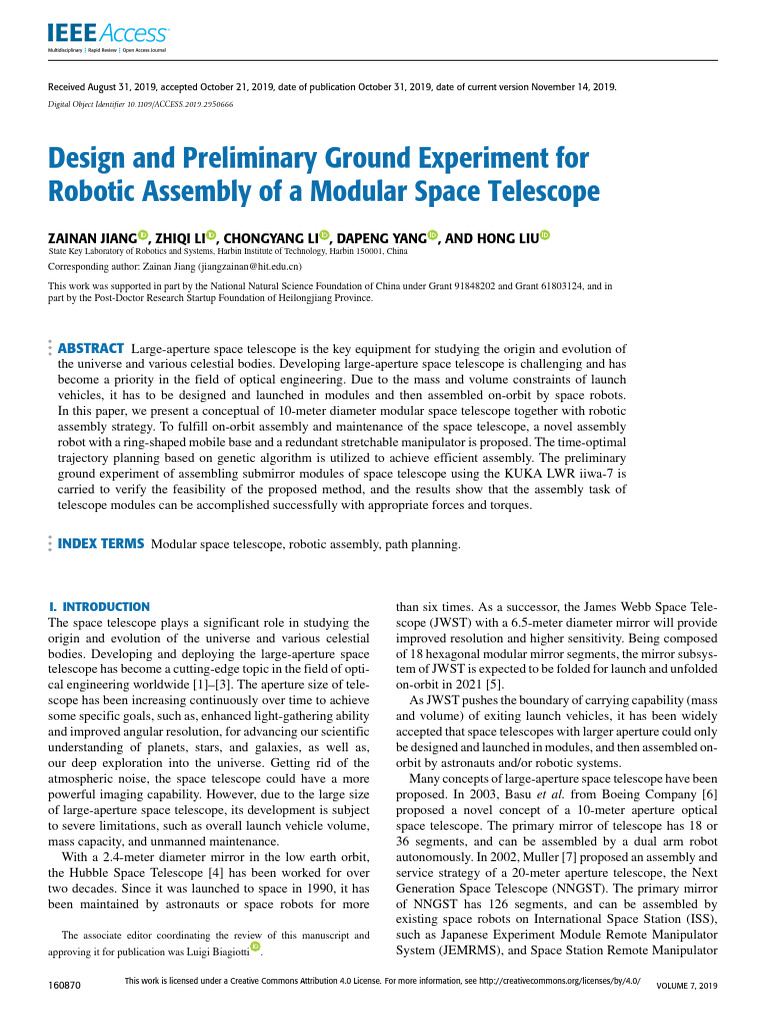 Design and Preliminary Ground Experiment For Robotic Assembly of A ...