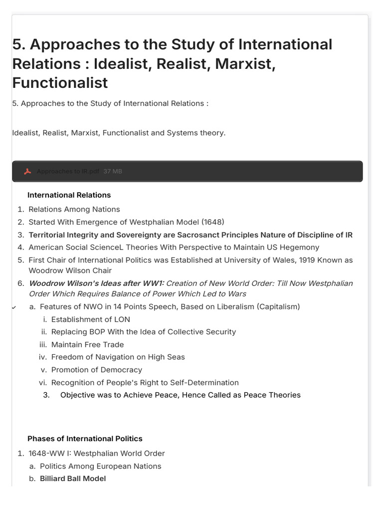 Approaches To The Study of International Relations: Idealist, Realist, Marxist, Functionalist ...