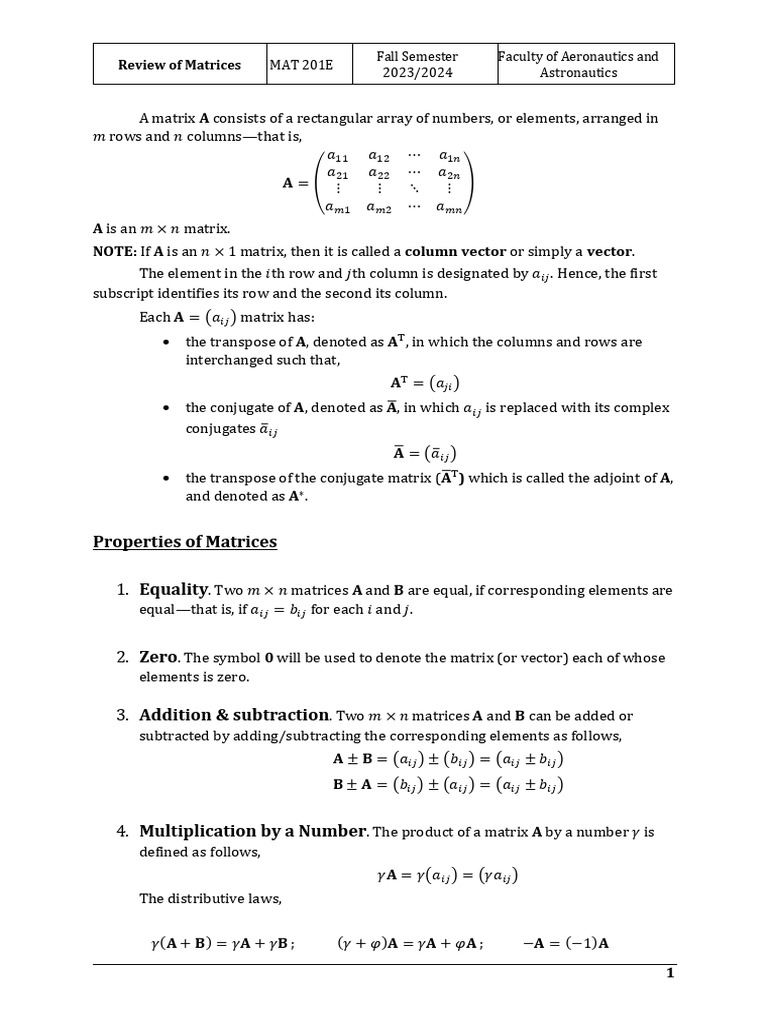 Review of Matrices-MAT 201E | PDF | Matrix (Mathematics) | Mathematical ...