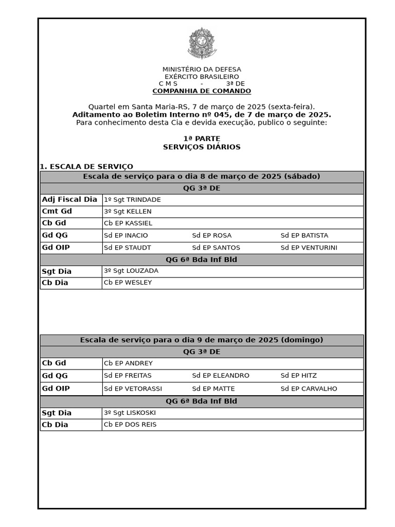 Escala de Serviço e Treinamento Militar | PDF | Brasil