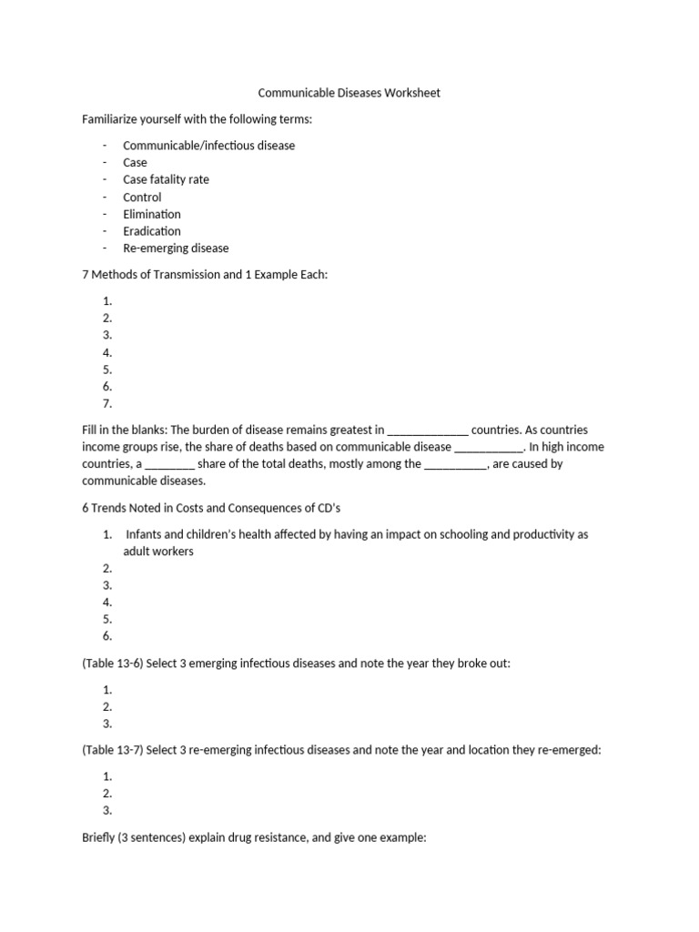 Communicable Diseases Worksheet | PDF | Tuberculosis | Infection