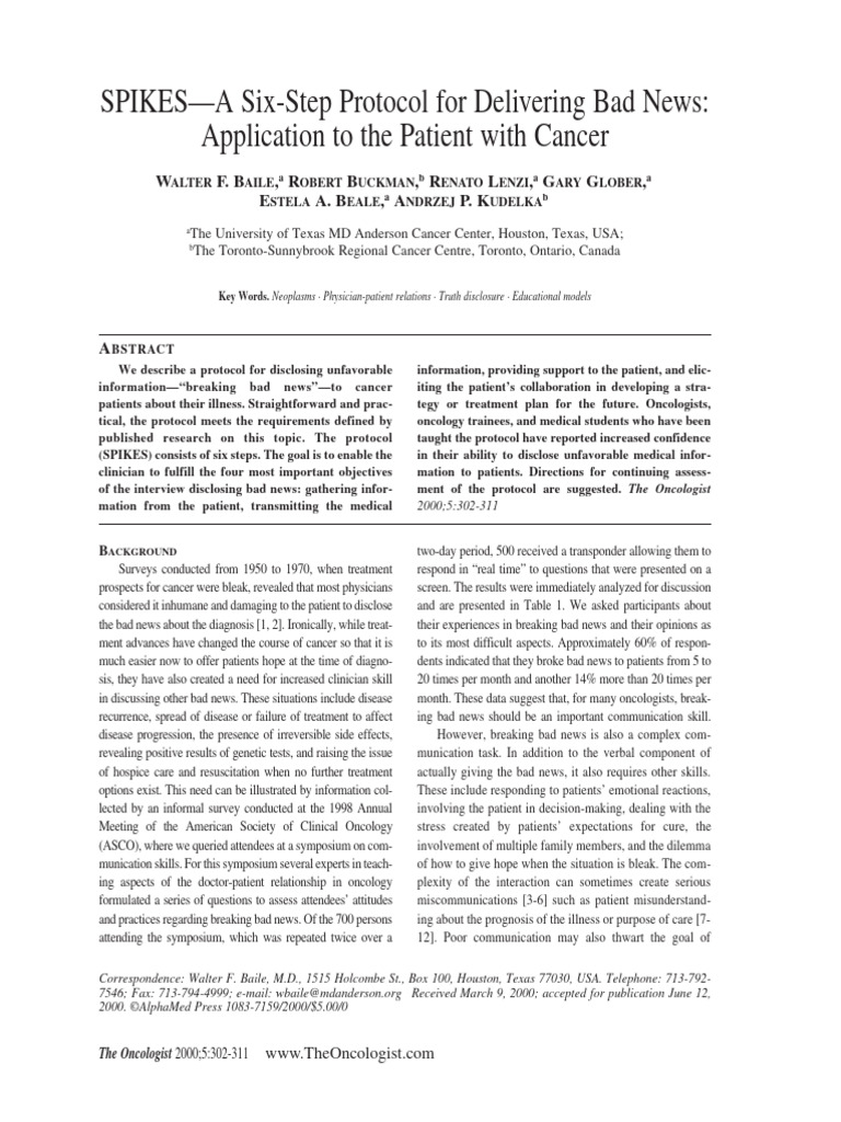 SPIKES Protocol for Bad News Delivery | PDF | Empathy | Oncology