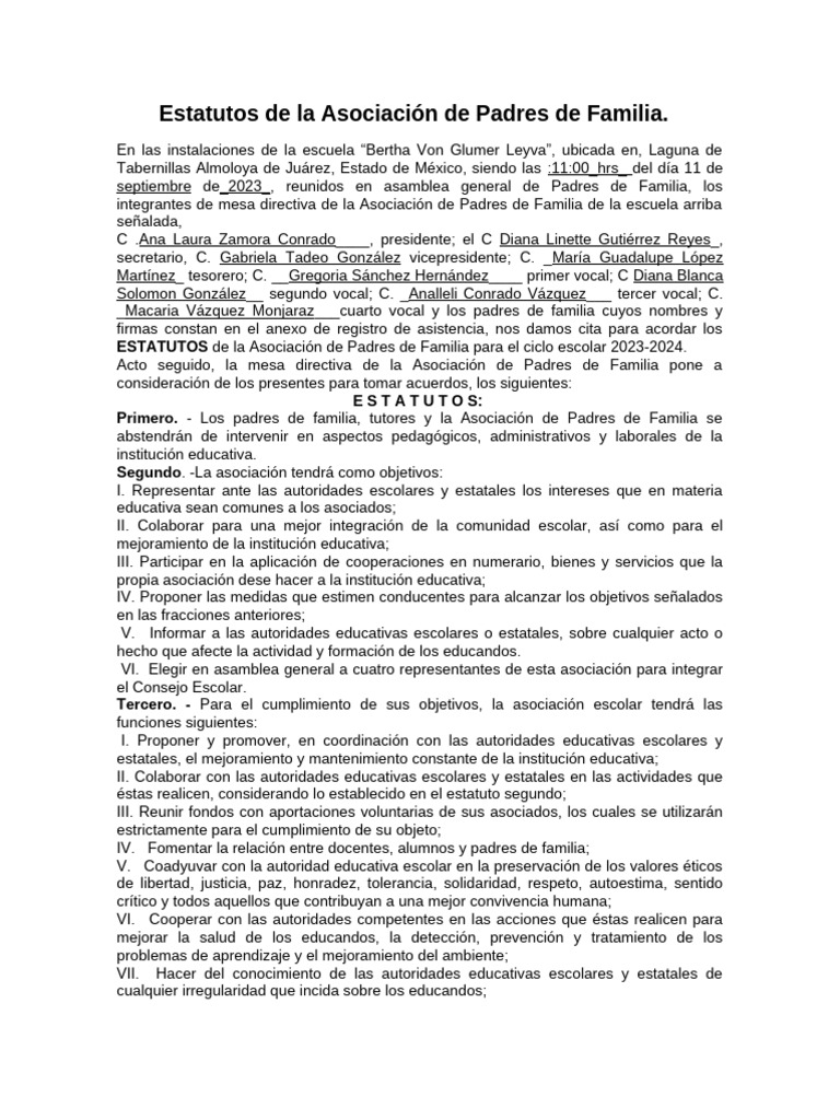 Estatutos De La Asociación De Padres De Familia Pdf Asamblea