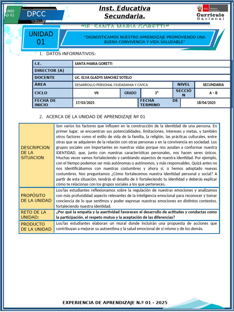 UNIDAD 1 (3° grado) - DPCC | PDF | Aprendizaje | Las emociones