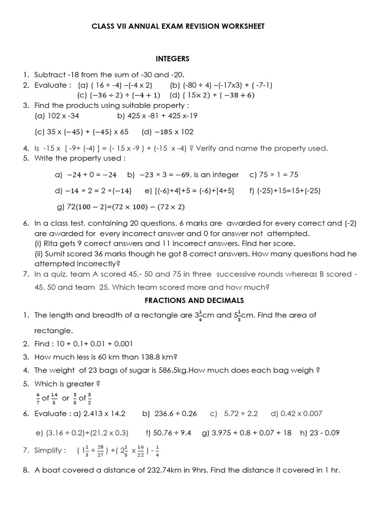 Annual Examination Revision Worksheet Class 7 TH | PDF | Area | Mathematics