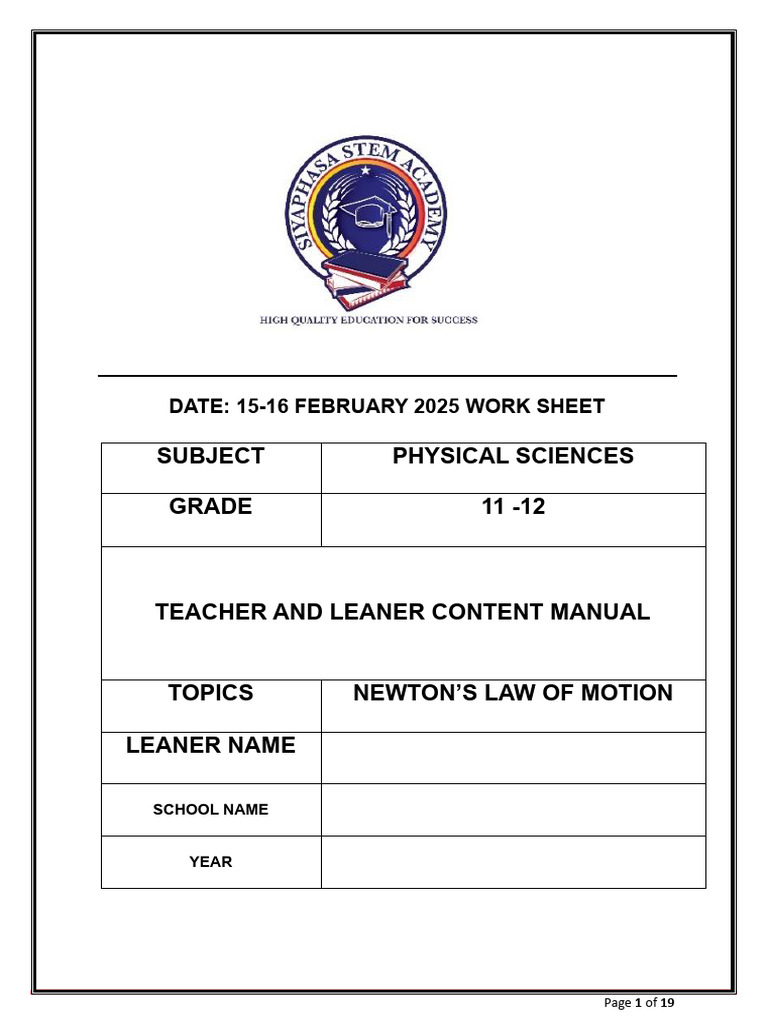 Newtons - Laws - Learner and Teacher Manual MM | PDF | Force | Newton's ...