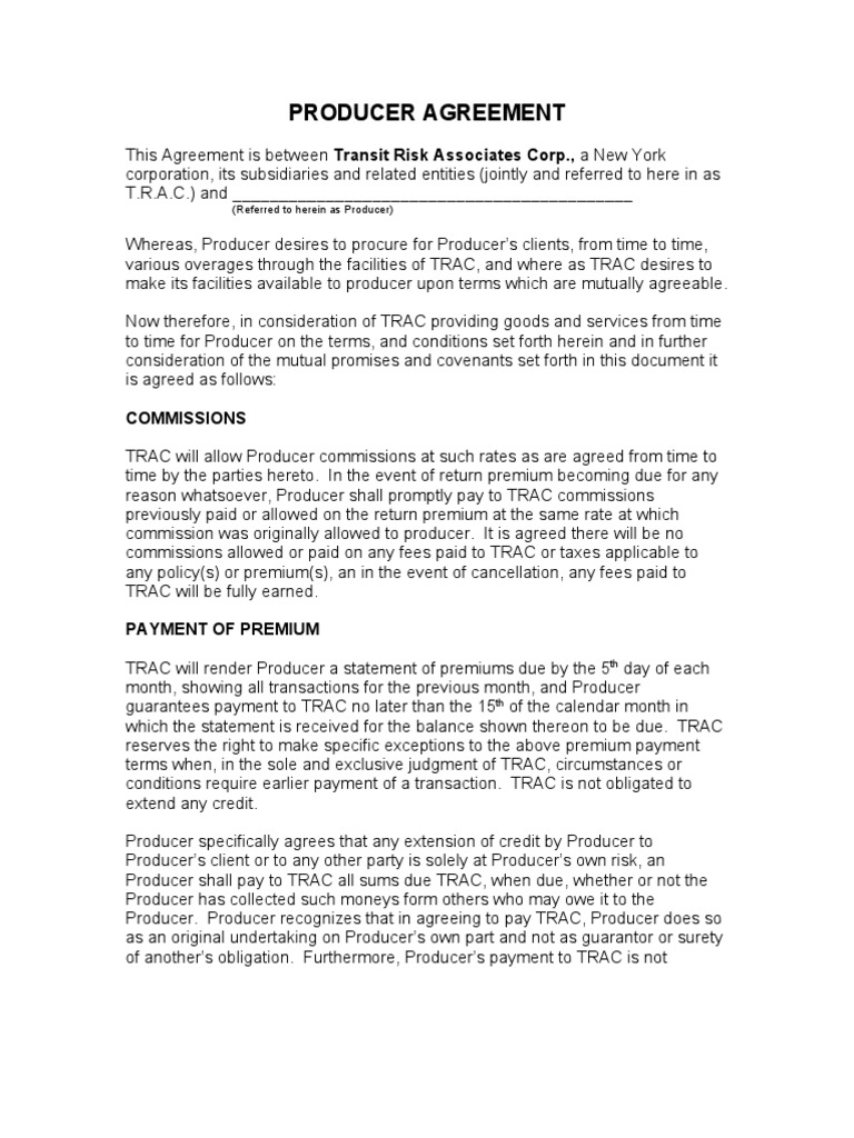Producer Agreement | PDF | Indemnity | Insurance