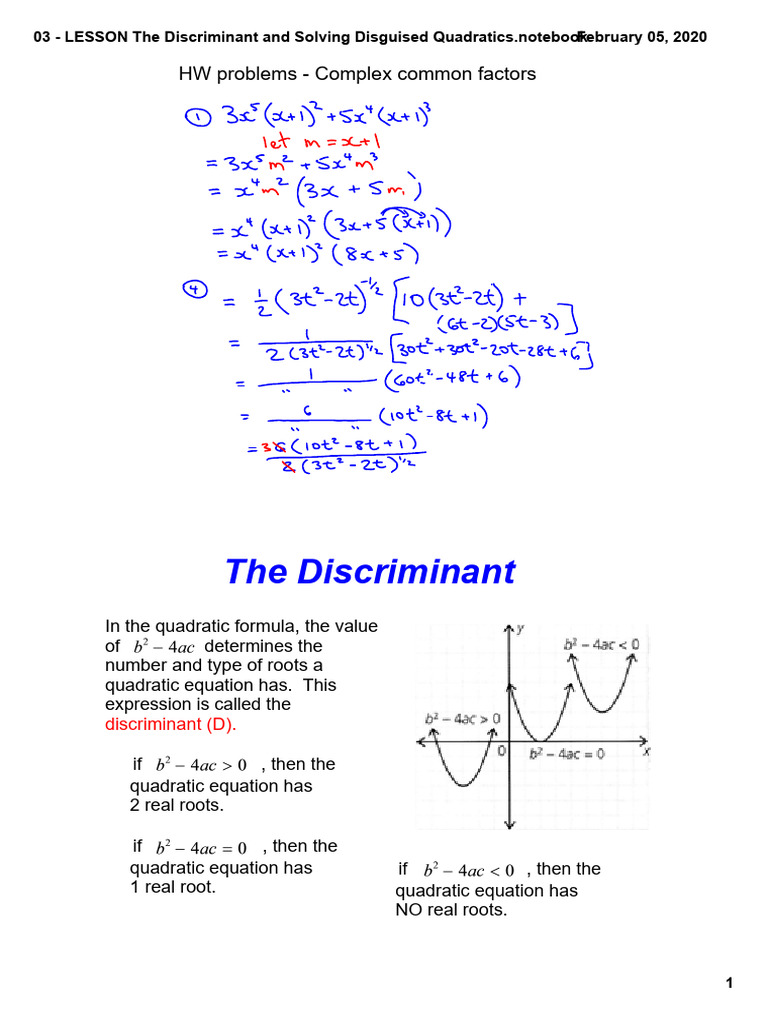 03 - LESSON The Discriminant and Solving Disguised Quadratics | PDF | Quadratic Equation ...