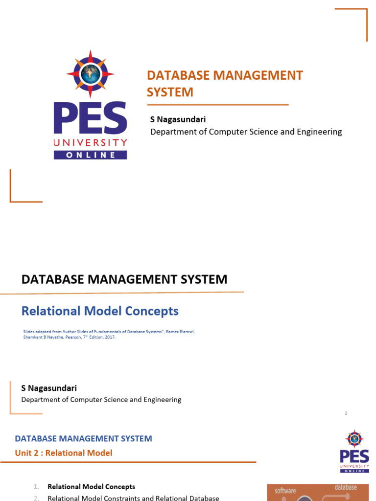 UE20CS301 Unit2 Slides | PDF | Relational Model | Relational Database