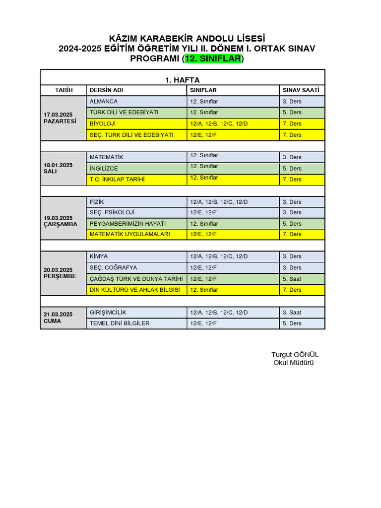 2024-2025 II Ortak Sinav Programi (12. Siniflar) : Kâzim Karabekir Andolu Lisesi Eğitim Öğretim ...