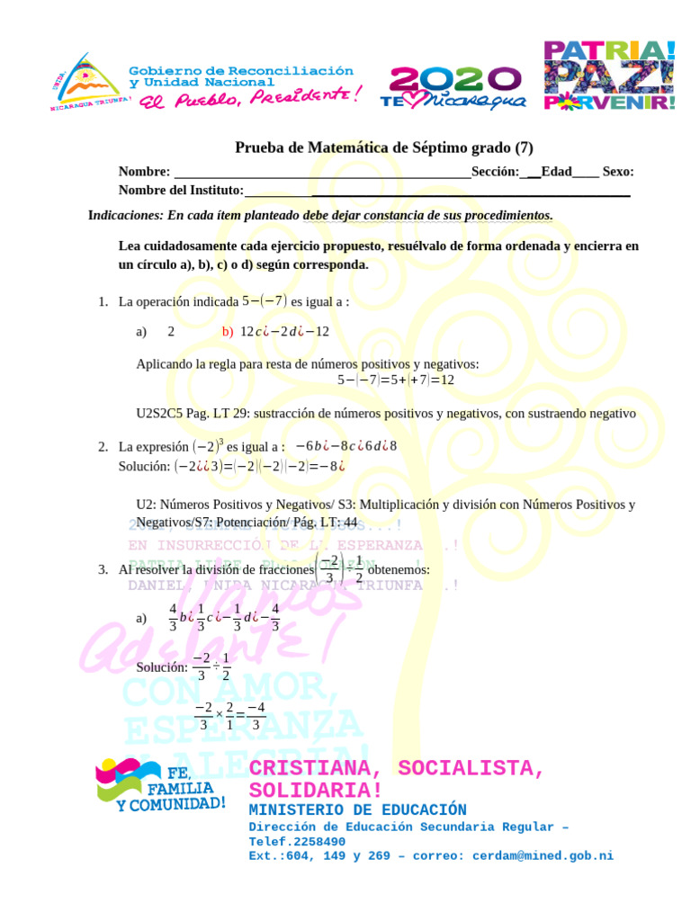Solución Prueba 7mo | PDF | Sustracción | Conceptos matemáticos