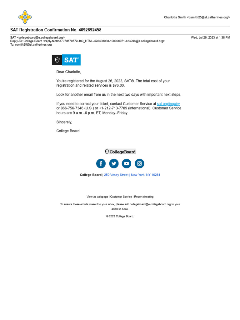 SAT Registration Confirmation Email | PDF