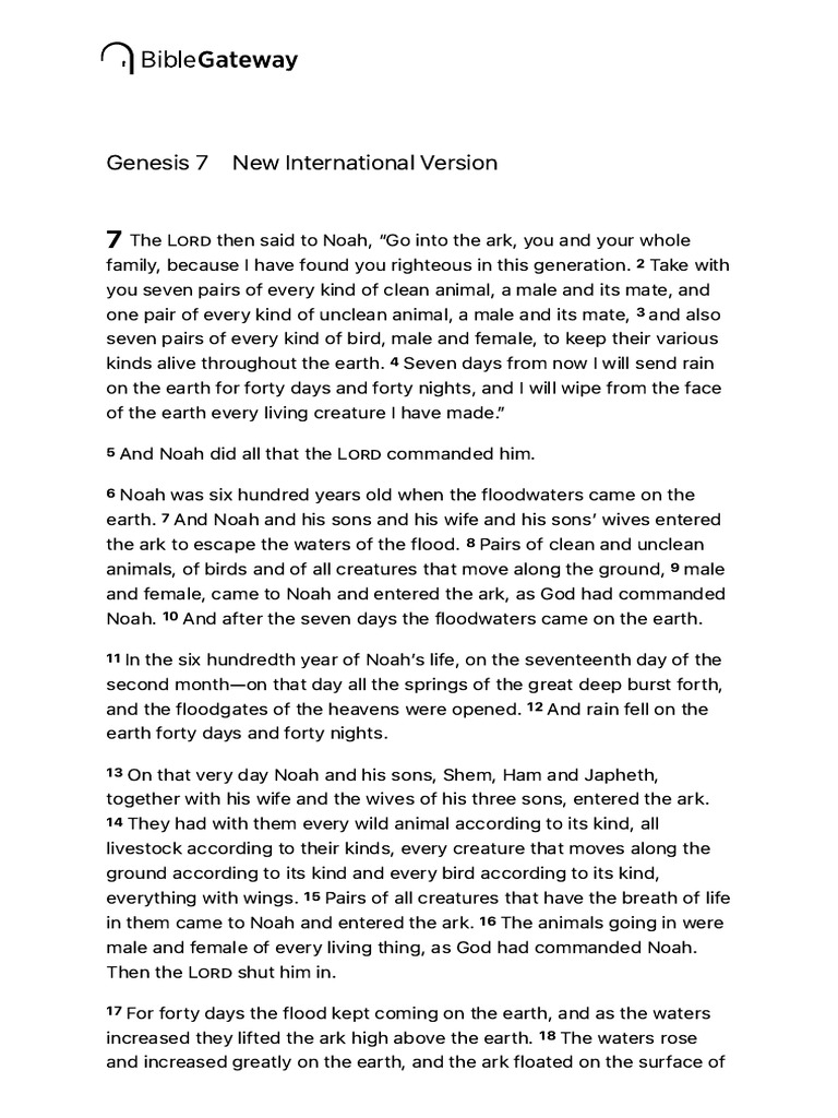 Genesis 7 NIV - The LORD Then Said To Noah, "Go Into - Bible Gateway ...