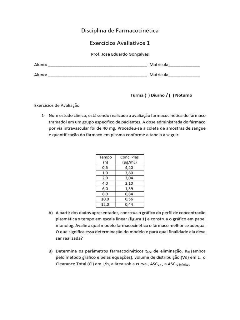 Exercícios Farmacocinética | PDF