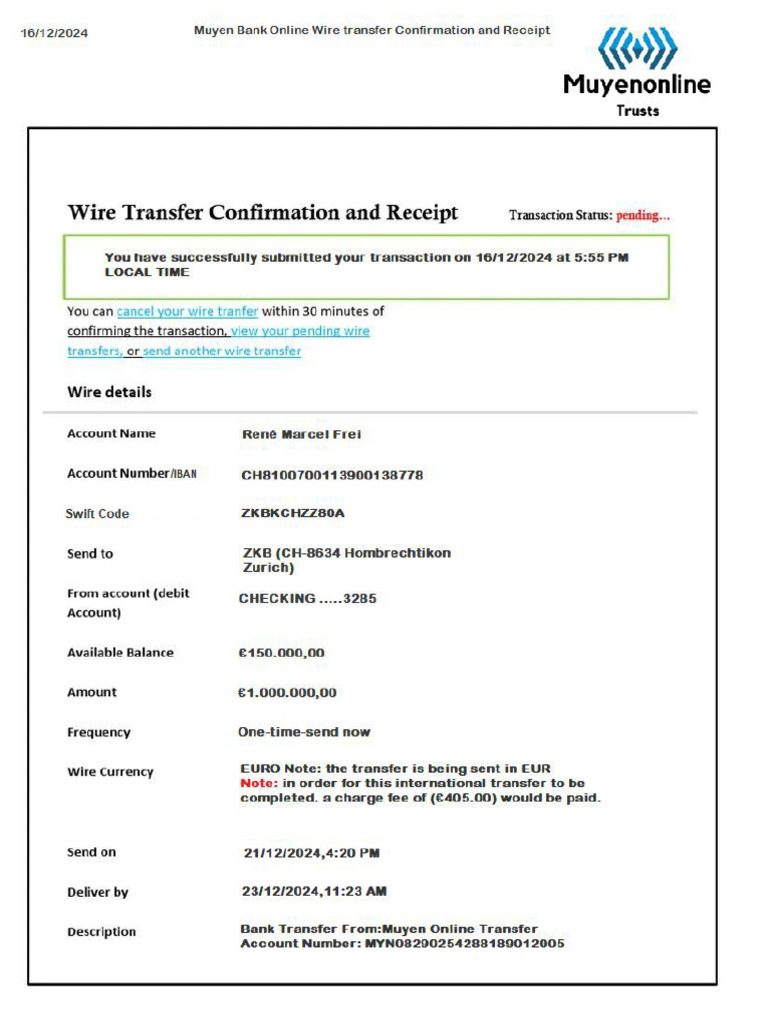 Transfer Confirmation Proof (MR - Rene Marcel Frei) | PDF