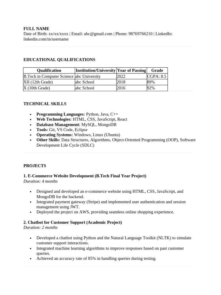 672cdb40262f8 Ats Friendly Resume Template Freshers | PDF | Computer ...