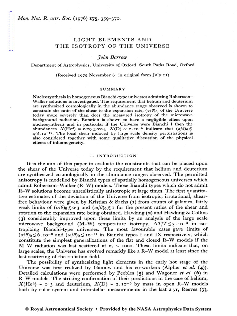 John D Barrow - Light Elements and The Isotropy of The Universe | PDF
