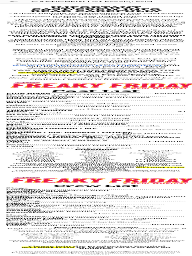 CASTCREW List Freaky Friday | PDF | Performing Arts | Music Performance