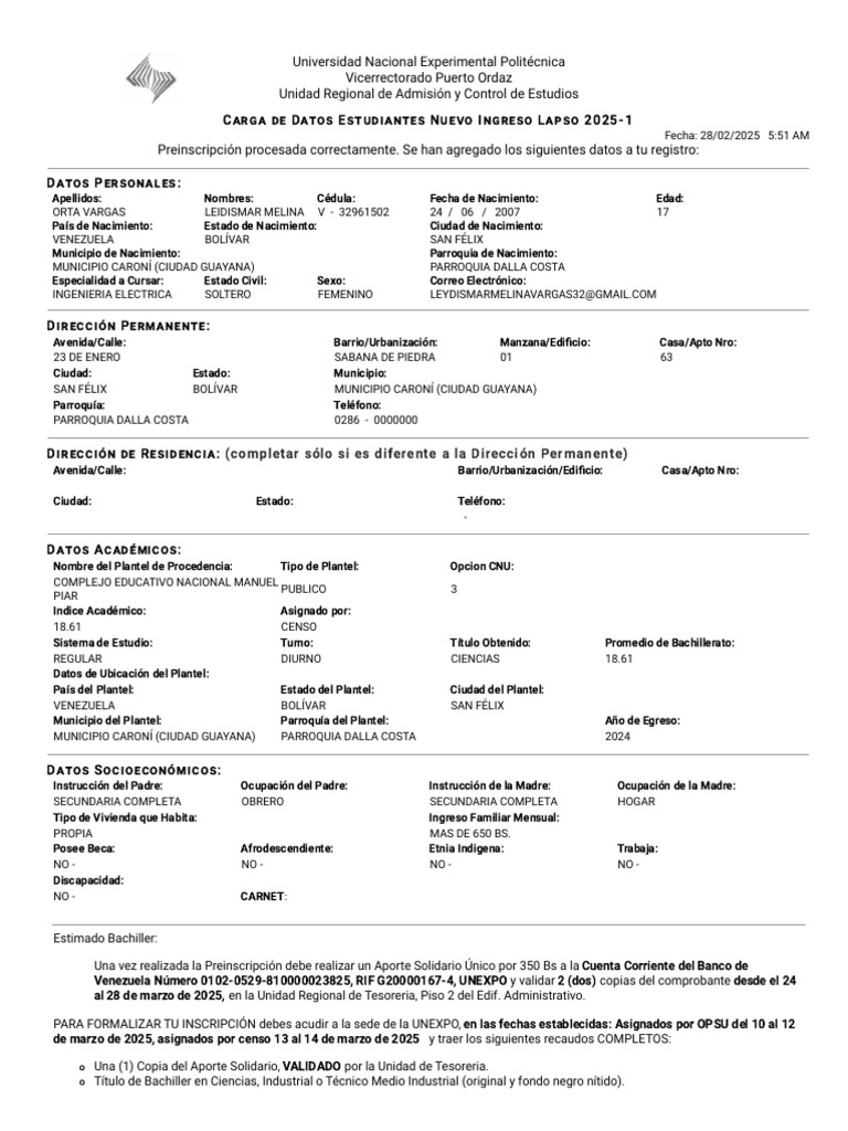 Planilla de Preinscripción Lapso 2025-1 | PDF
