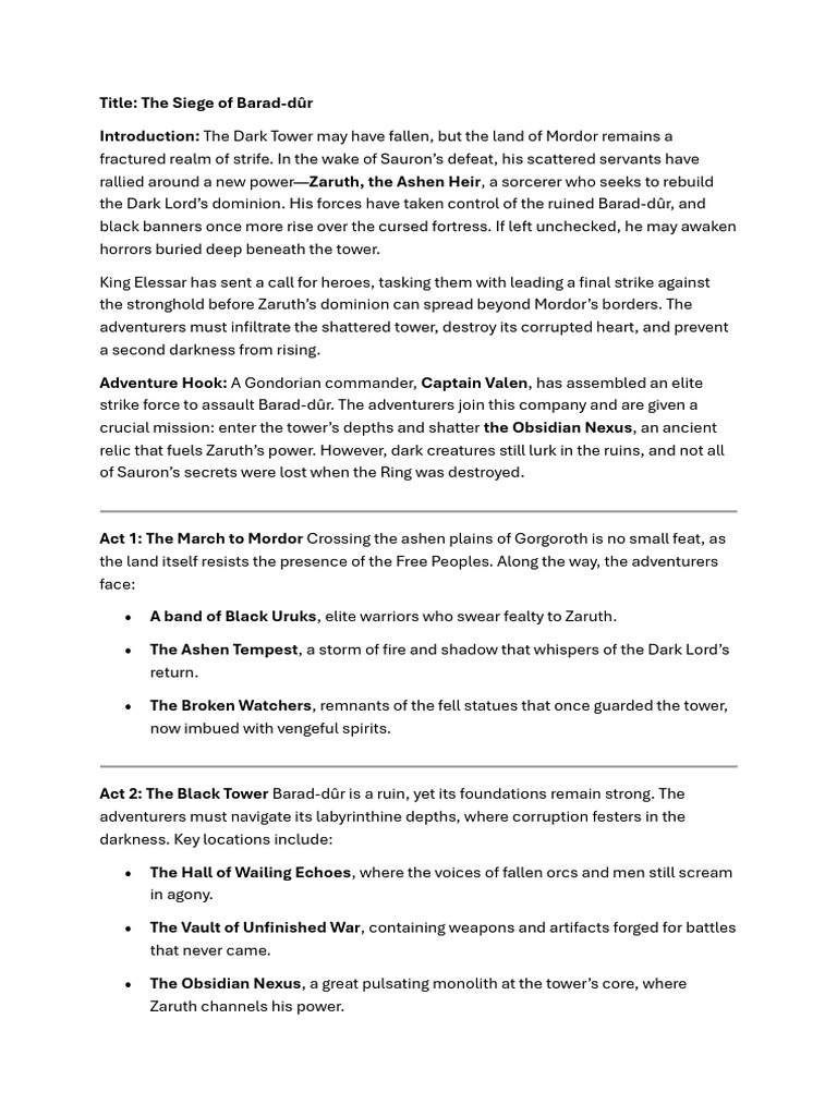 D&D Lotr One Shot The Siege of Barad-Dûr | PDF