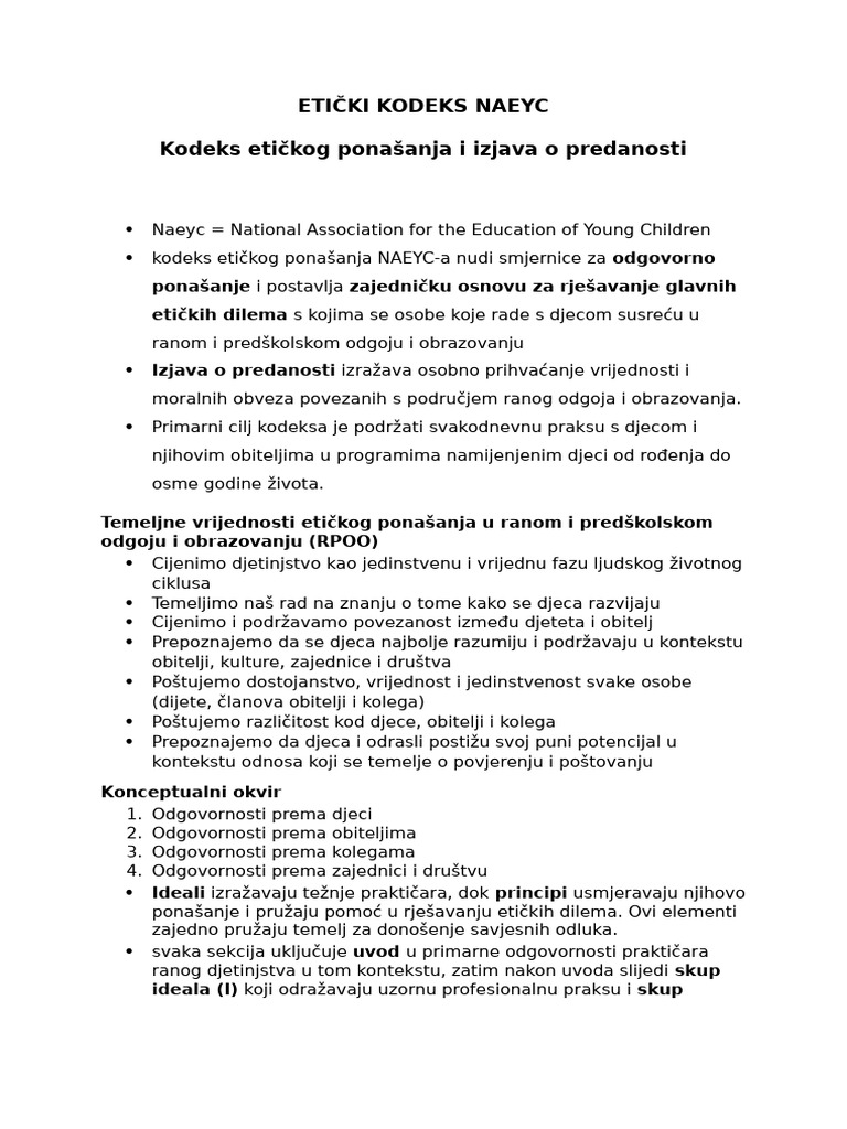 Etički Kodeks Naeyc Sažetak | PDF