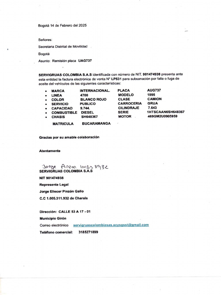 Remisión Placa Uag737 Firmada | PDF