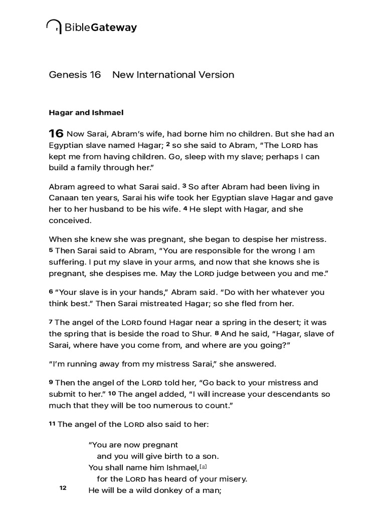 Genesis 16 NIV - Hagar and Ishmael - Now Sarai, - Bible Gateway | PDF ...