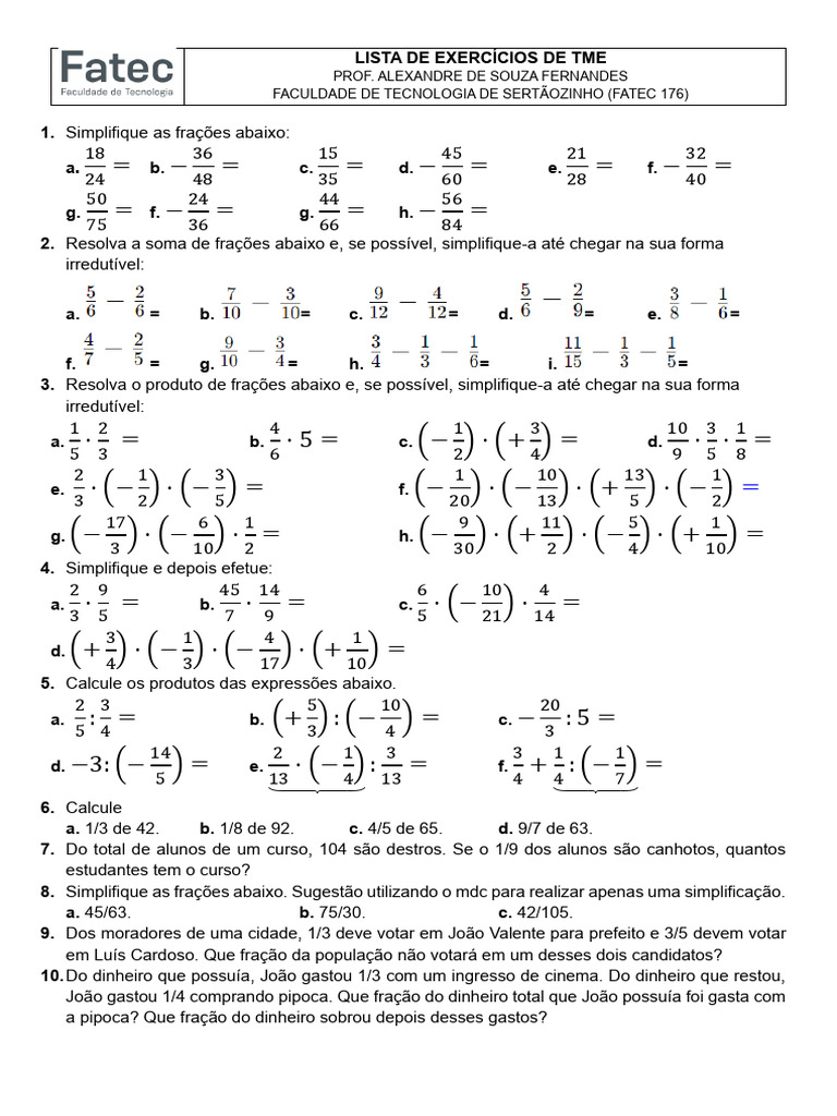 Lista de Exercícios - Operações e Aplicação de Frações - Fatec | PDF