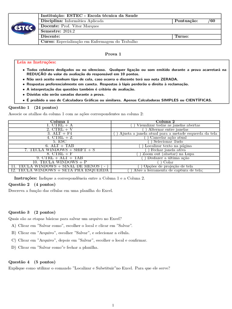 Prova Informática Aplicada 2024 2 Esp Seg Trab | PDF | Botão Ctrl | Microsoft Excel