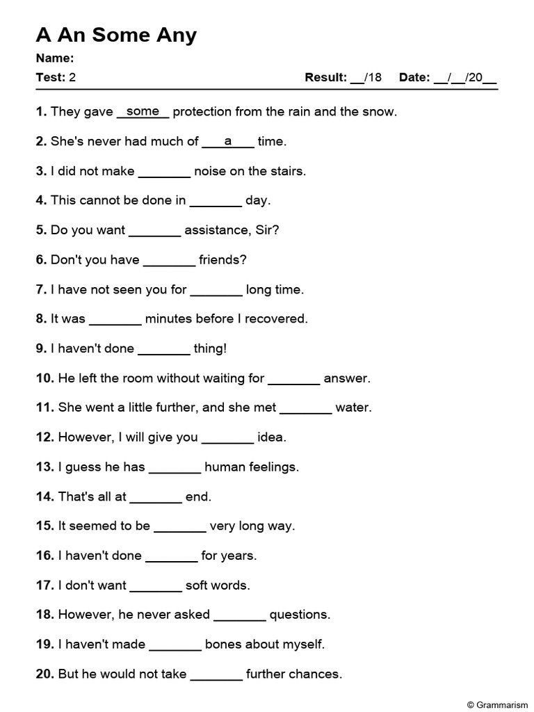 A/An/Some/Any Usage Test | PDF