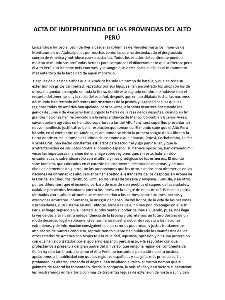 Independencia del Alto Perú: Acta 1825 | PDF | Perú | Antiguas colonias ...